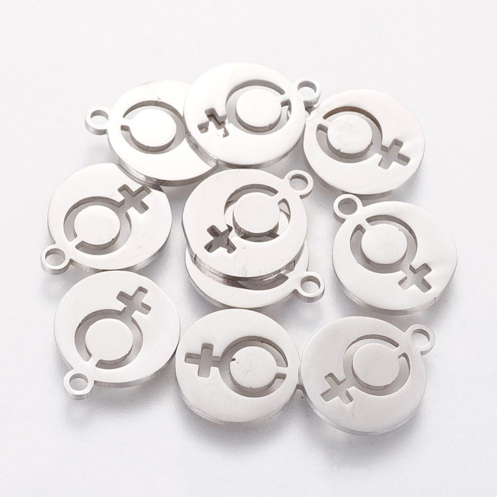 10pc Non-Tarnish 201 Stainless Steel Charms Flat Round with Female ...