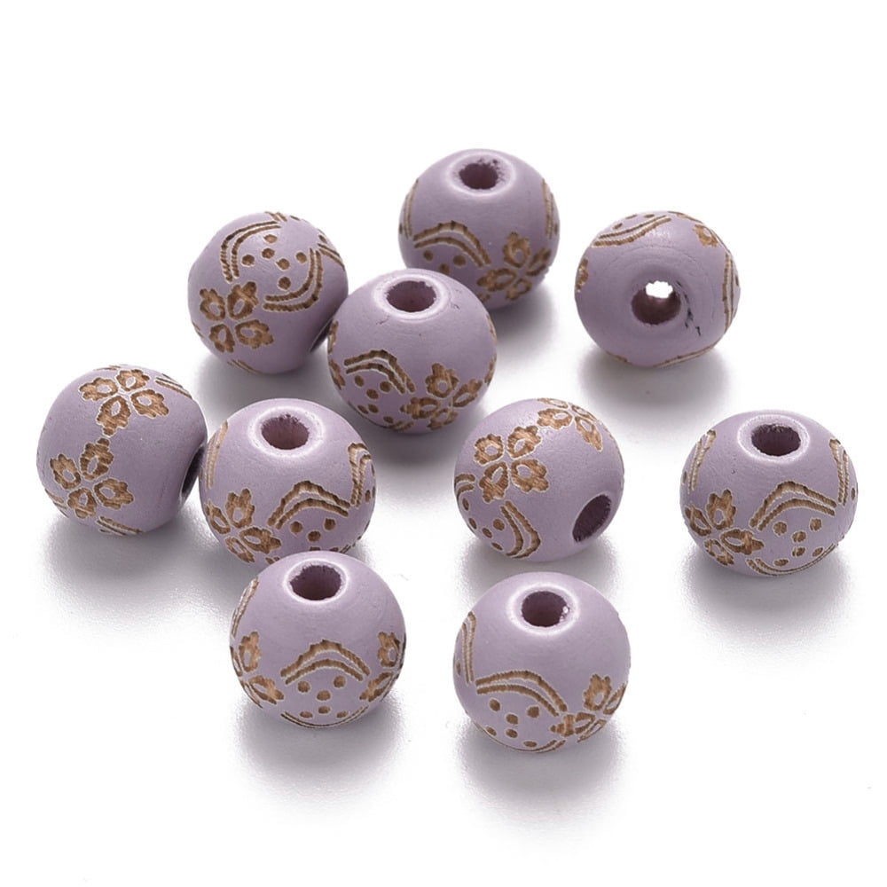 10pc Painted Natural Wood Beads Laser Engraved Pattern Round with ...