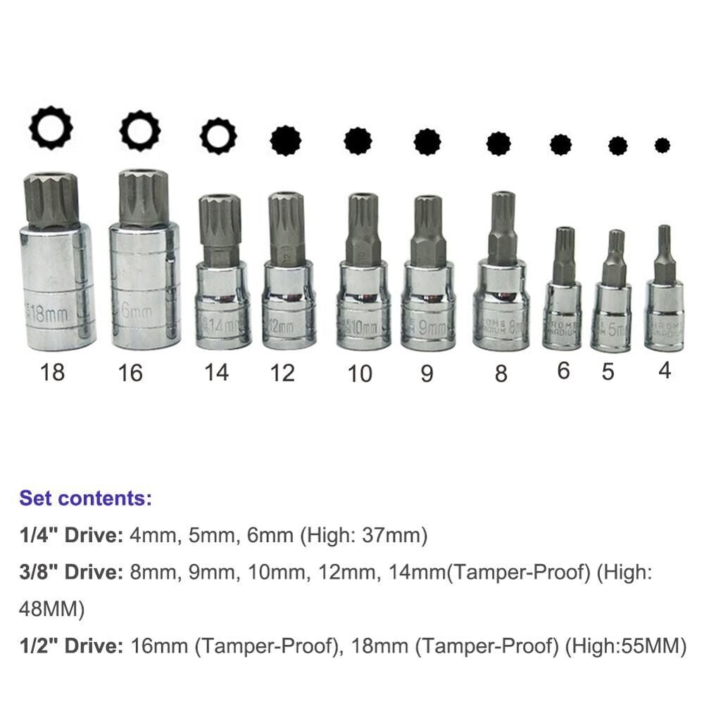 10pc Xzn 12 Point Triple Square Spline Bit Socket Set Tamper Proof 4mm 18mm