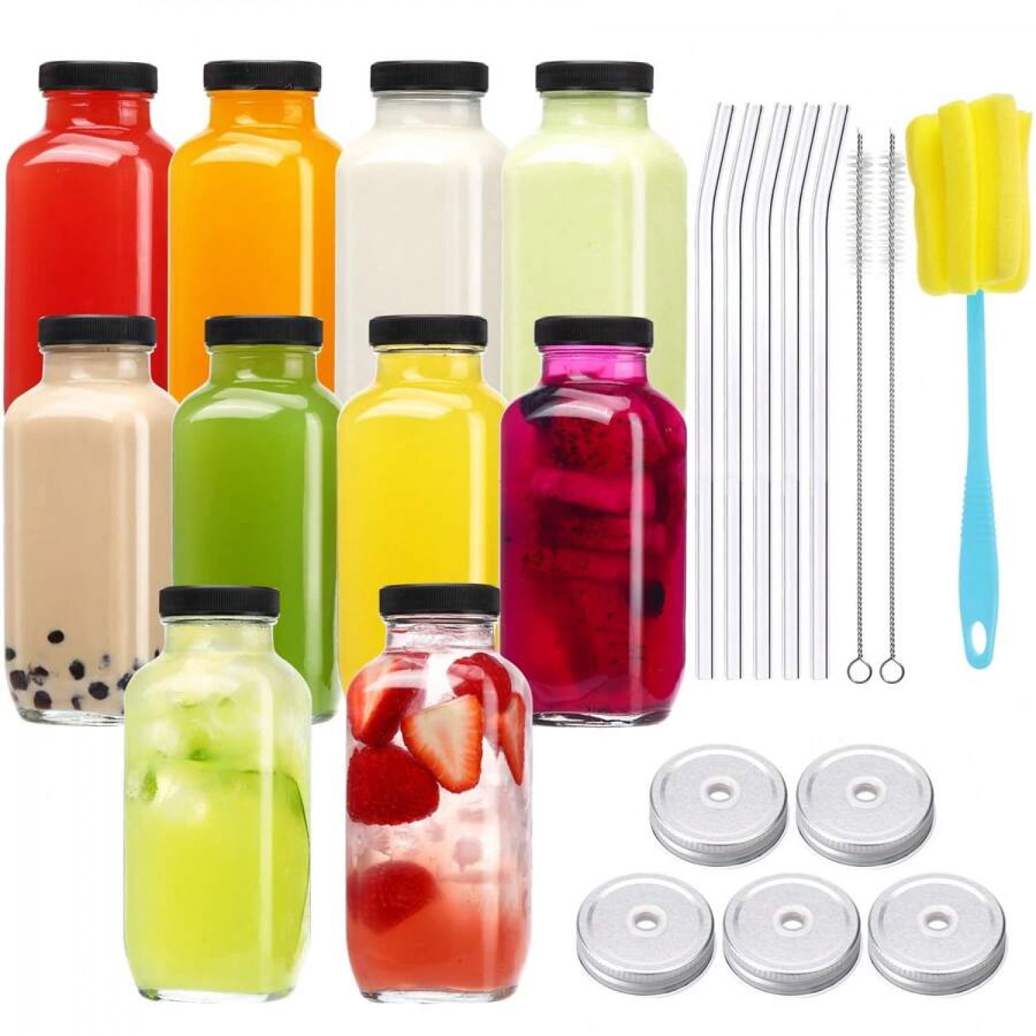 10pcs 16oz Glass Juice Bottles With Lids, Reusable Juice Containers ...