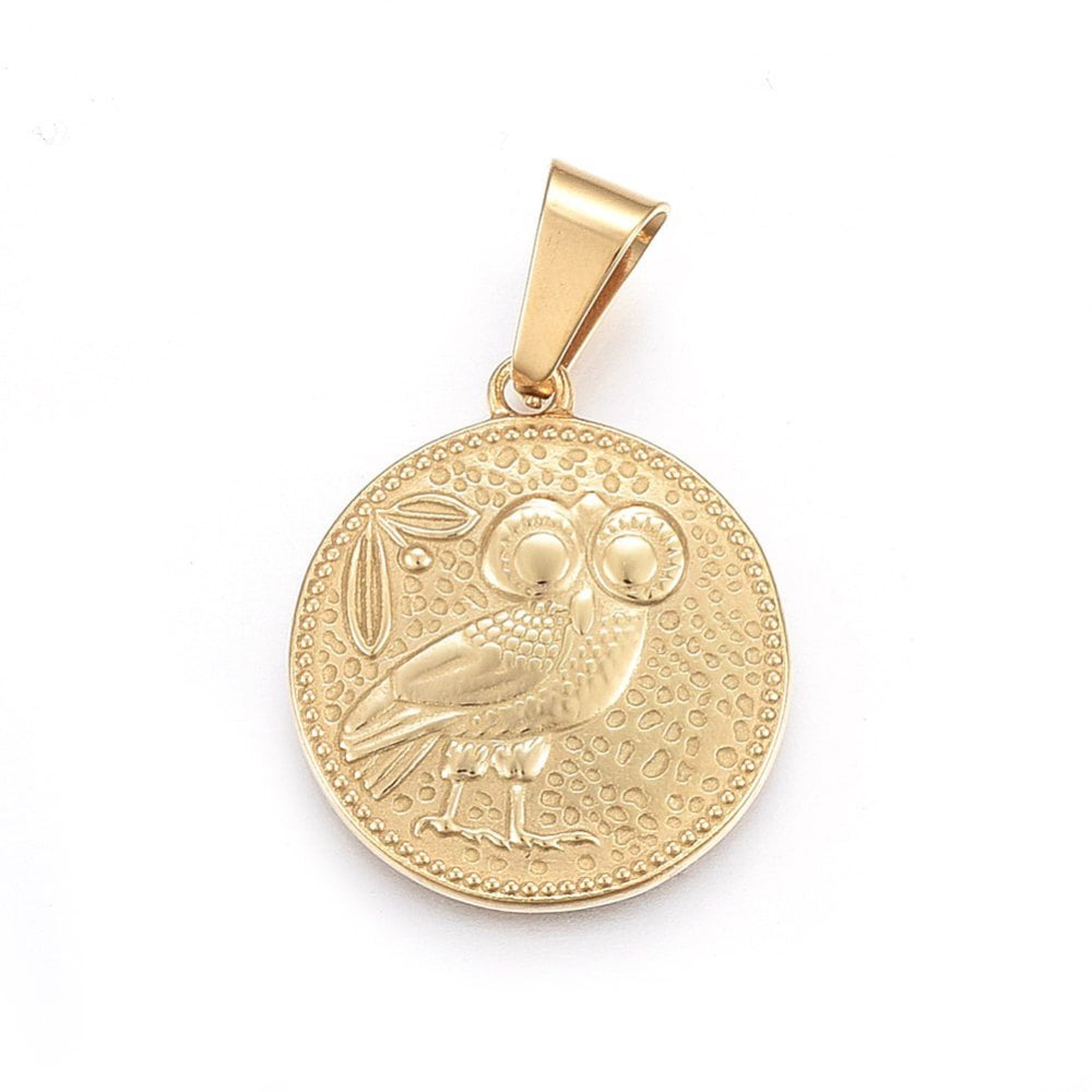10pcs 304 Stainless Steel Pendants Flat Round with Owl Golden 28x25x3mm ...