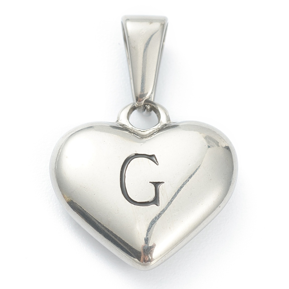 10pcs 304 Stainless Steel Pendants Heart with Black Letter Stainless Steel color Letter.G ...