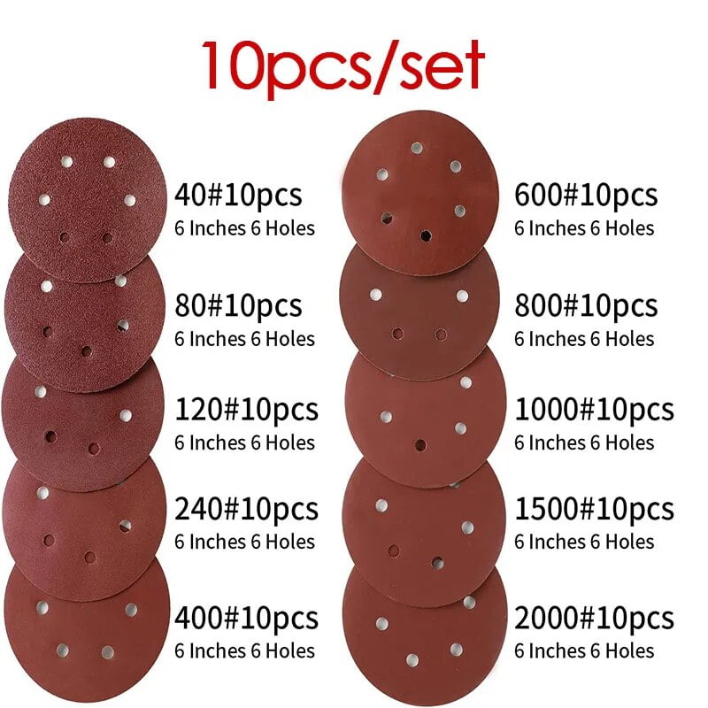 10pcs 6 Inch 6 Holes 150MM Sanding Discs 40-2000 Grit Flocking ...
