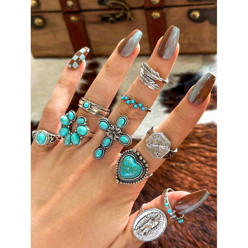 10pcs Antique Silver Vintage Western Turquoise Flower Cross Arrow Heart ...