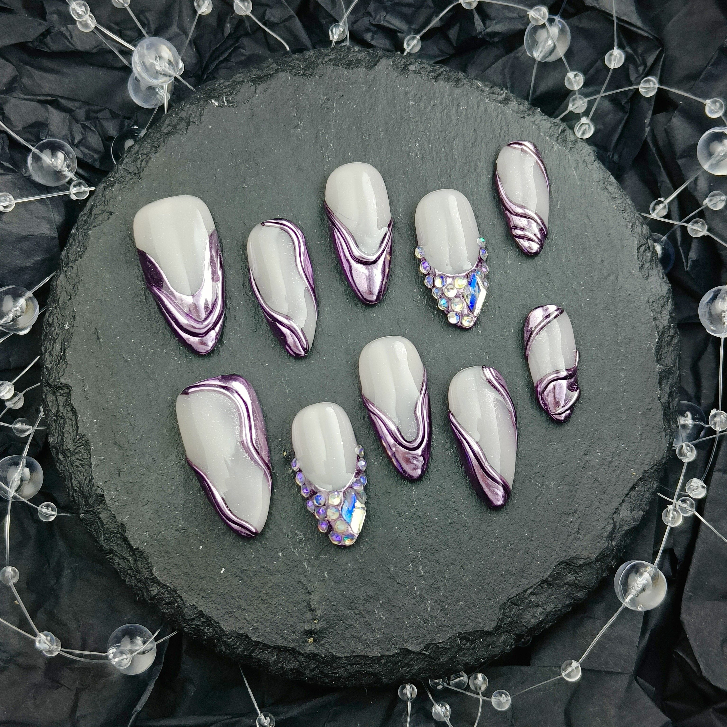 10pcs Artisan-Made Y2K Fake Nails - Original Design Purple & White ...