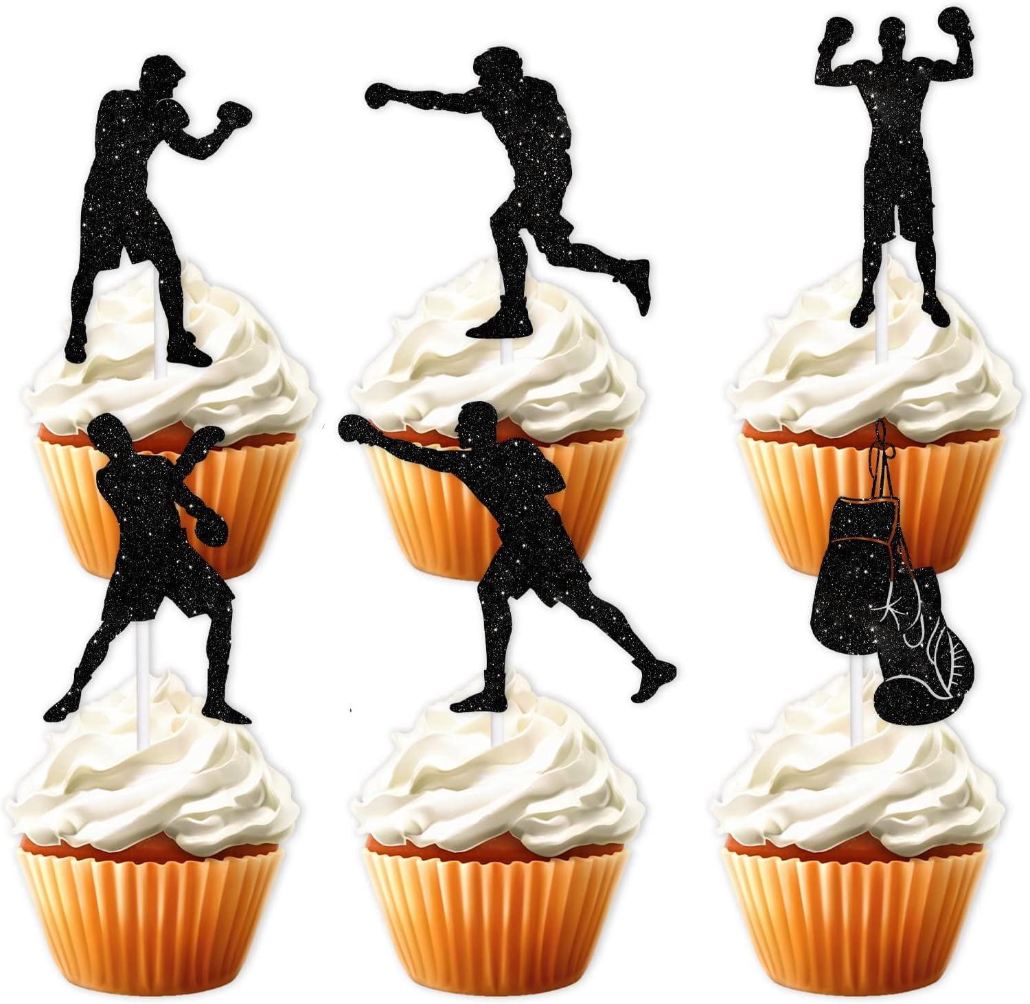 10pcs Black Glitter Boxing Match Dessert Cupcake Topper Wrestle Fight ...