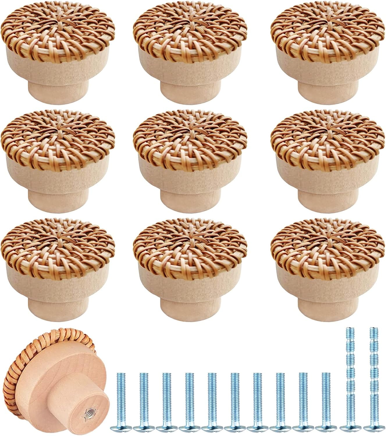 10pcs Boho Rattan Dresser Knobs, Round Wooden Drawer Knobs Pulls for ...