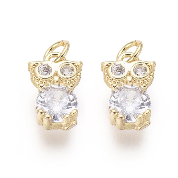 10pcs Brass Charms with Clear Cubic Zirconia and Jump Rings Owl Golden ...