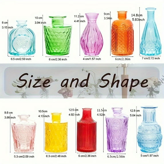 10pcs Colorful Clear Glass Bud Vases - Vintage Small Flower Vases for ...
