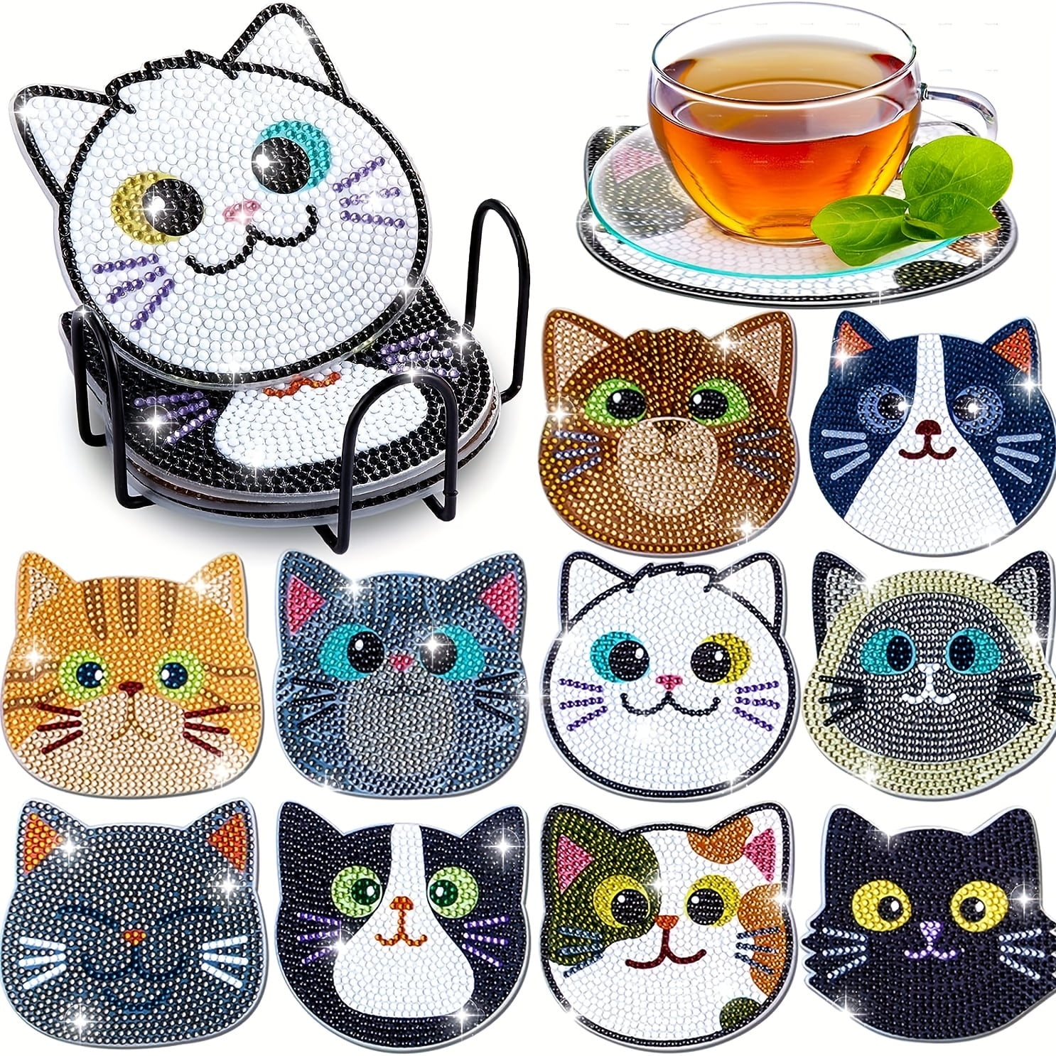 10pcs Diamond Coasters Set - Cat Theme Diamond Art Coasters Painting Kits For Kids And Adults ...