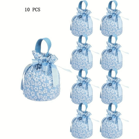 10pcs Elegant Floral Fabric Drawstring Gift Bags with Ribbon Bows, Blue ...