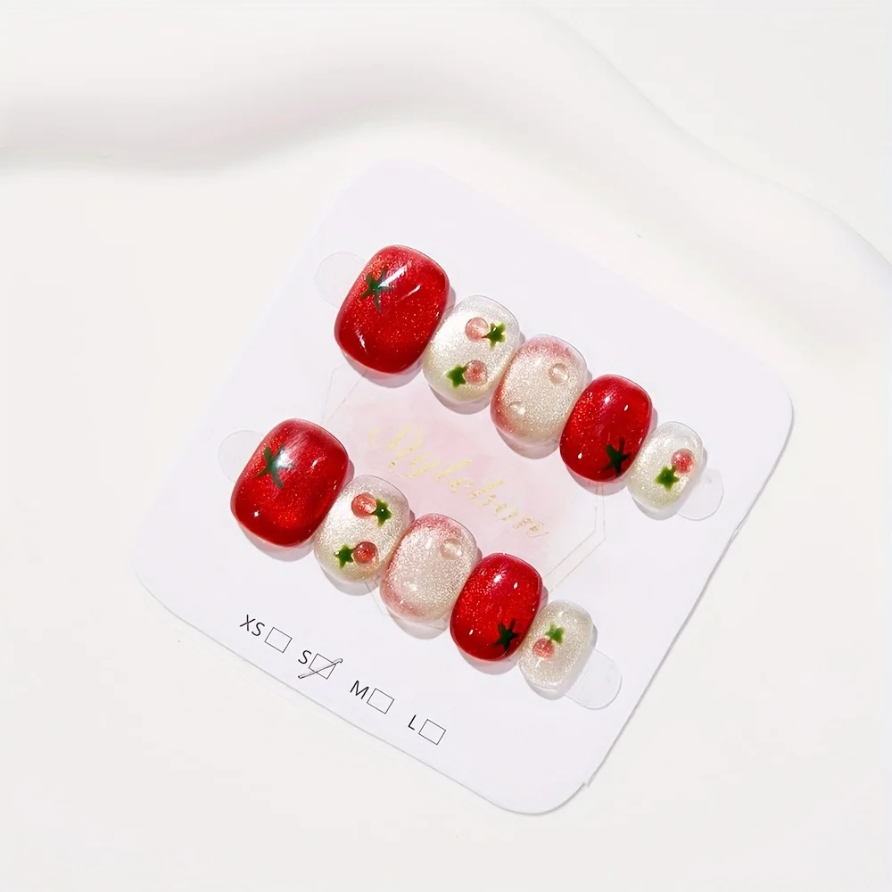 10pcs Festive Red Oval Short Press-On Nails with Cute Tomato Design ...