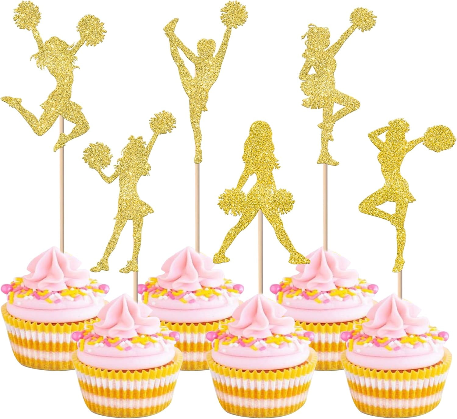 10pcs Gold Cheerleader Cupcake Toppers Glitter Cheer Team Gymnastics ...
