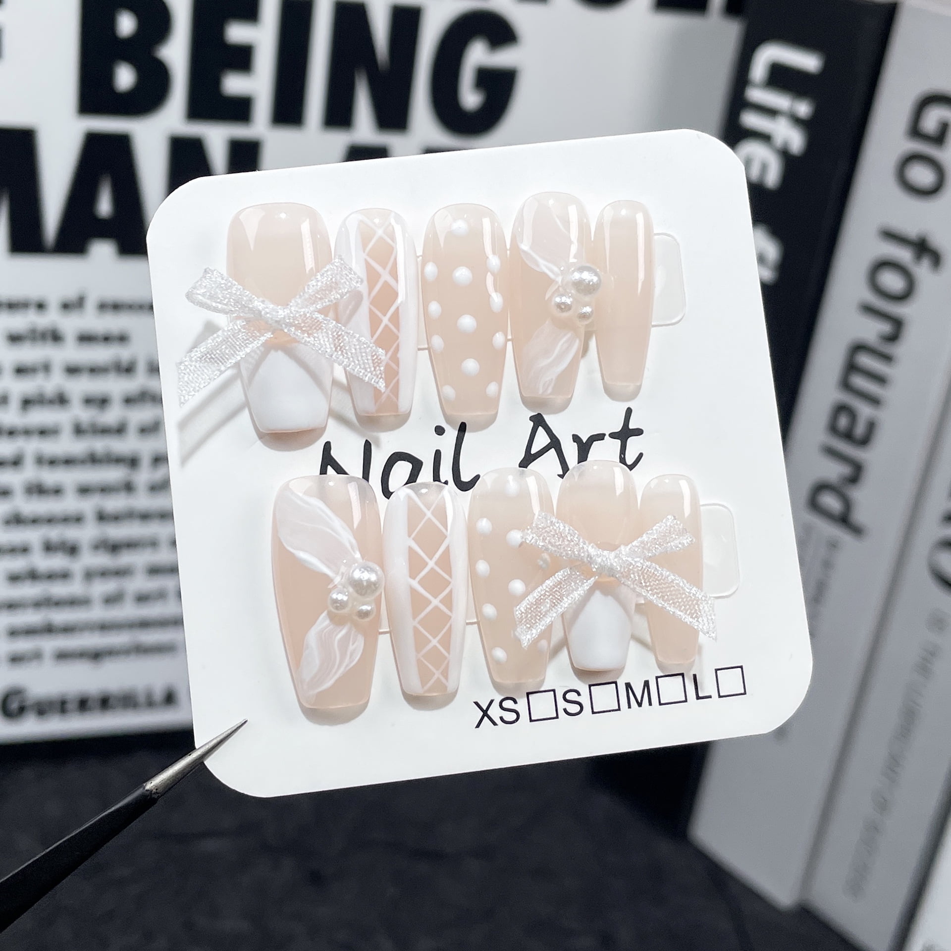 10pcs Handmade Fake Nails with Lace Bow Design French Ballet False ...