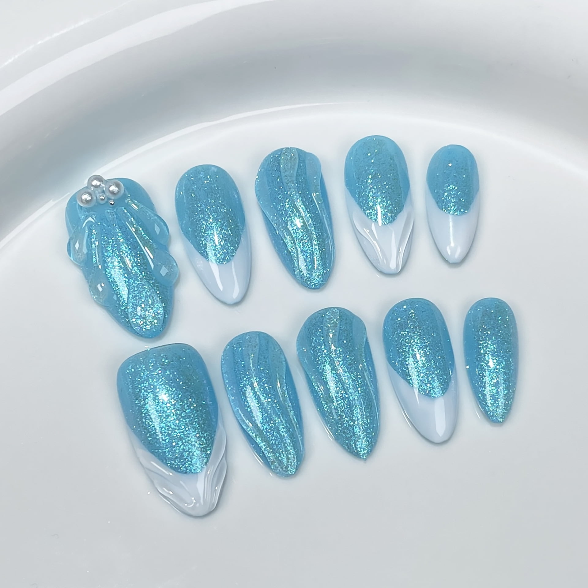 10pcs Ins 3D Mermaid Shell Press on Nails Shiny Blue Aurora Summer Sea ...
