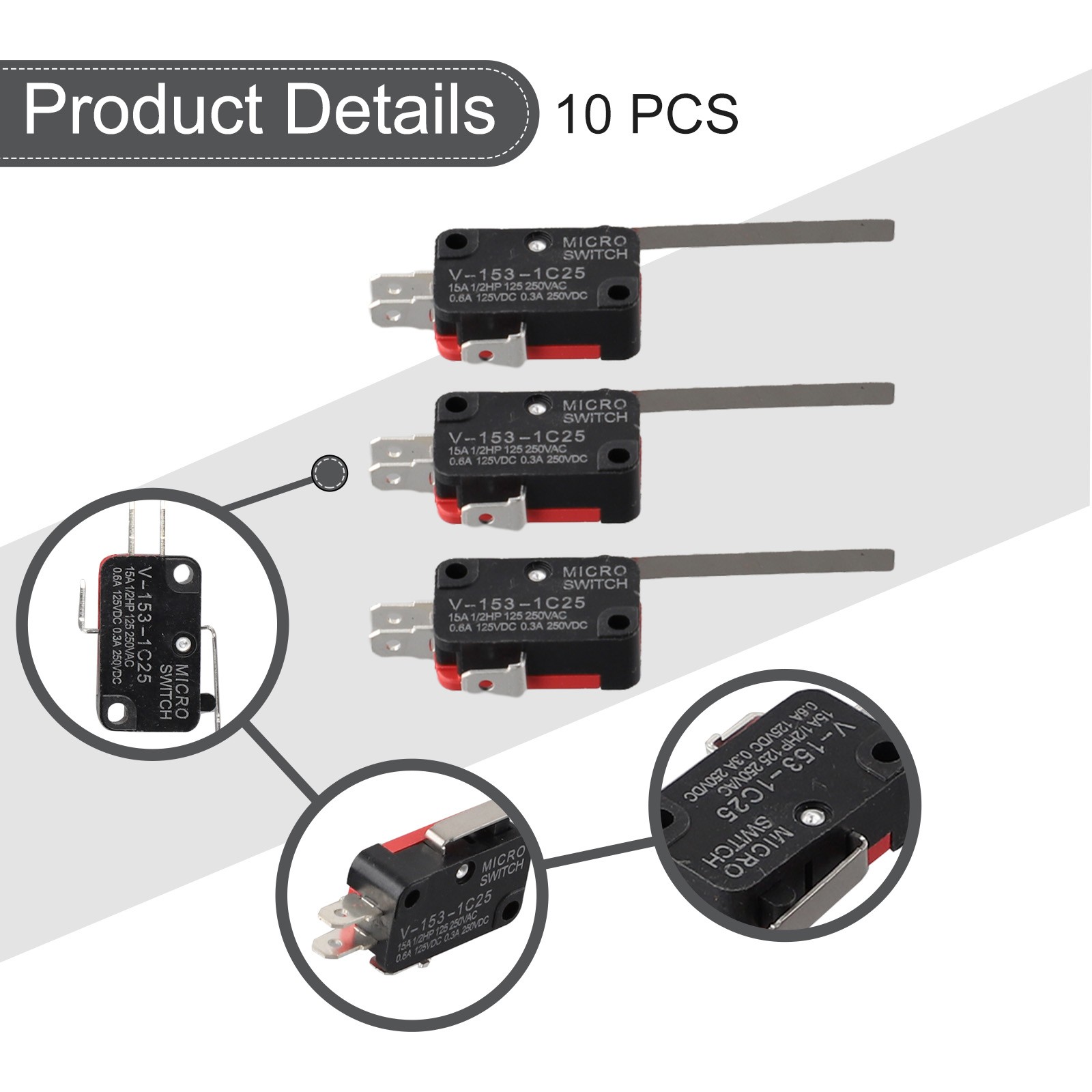 10pcs Limit Switch Long Straight Hinge Lever Type SPDT V-153-1C25 YIWEI - Walmart.com
