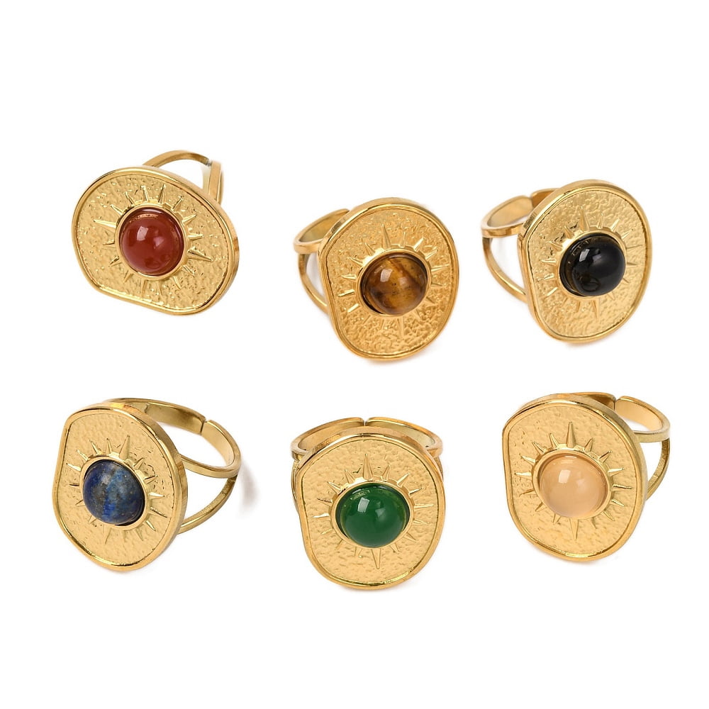 10pcs Natural Mixed Stone Finger Rings Oval with Sun Golden Tone 304 ...