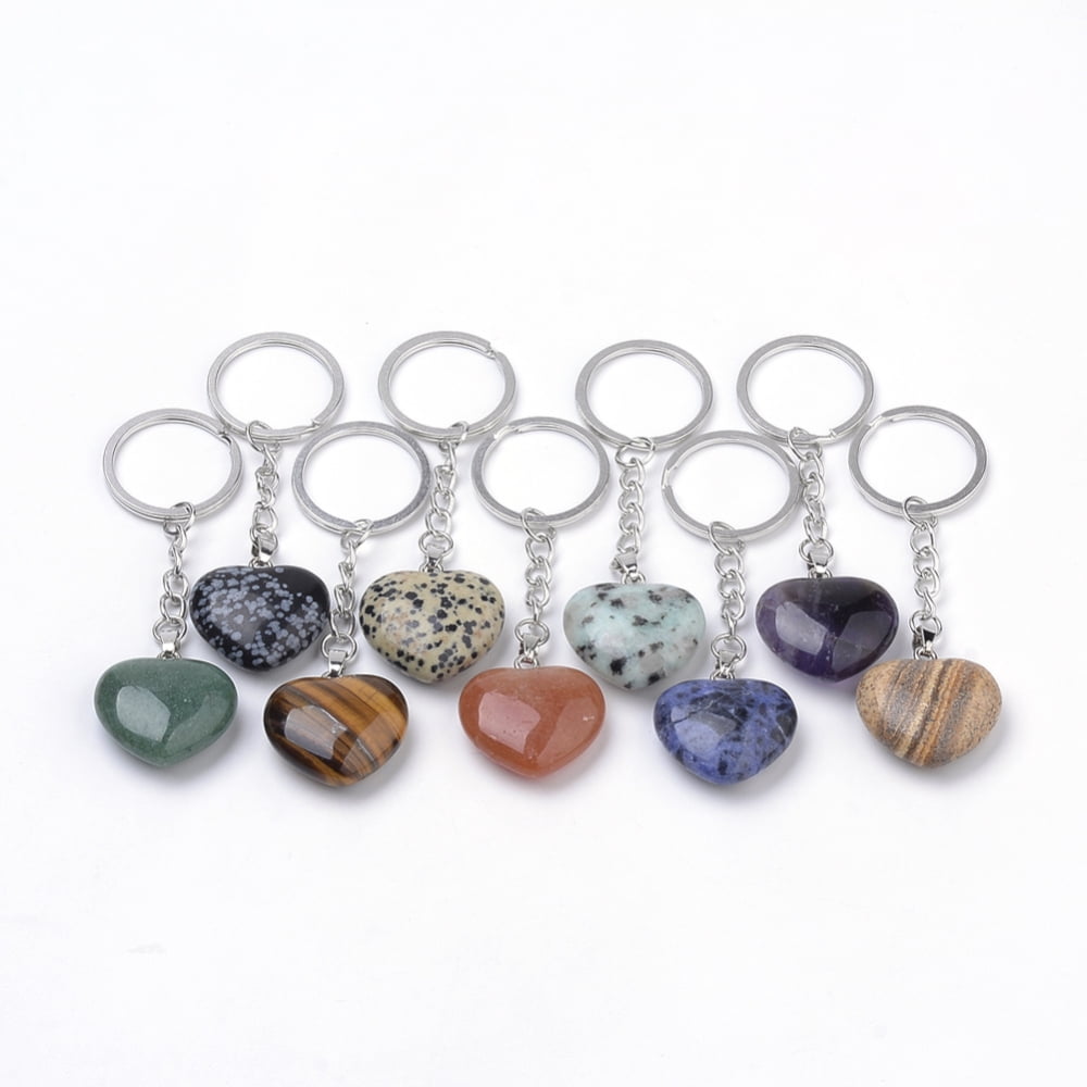 10pcs Natural Mixed Stone Keychain with Iron Findings Heart Platinum ...