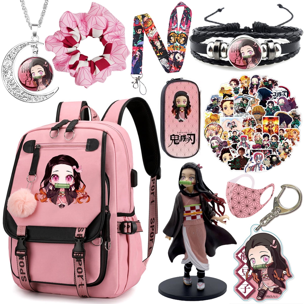 10pcs Nezuko Backpack with USB Charging Port, Bookbag kit - Walmart.com
