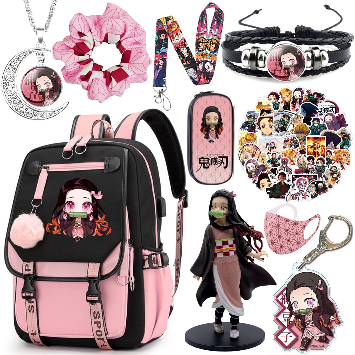 10pcs Nezuko Backpack with USB Charging Port, Bookbag kit - Walmart.com