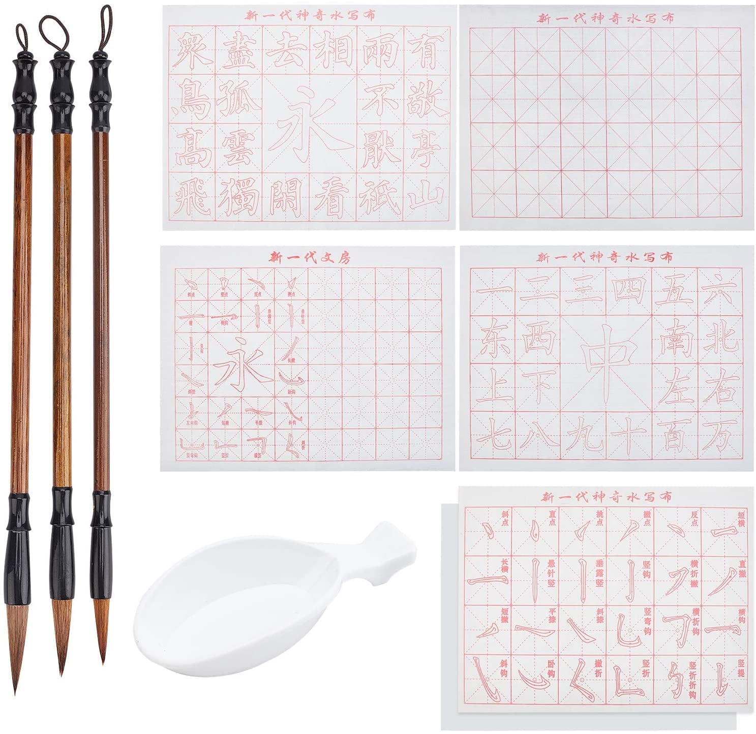 10pcs No Ink Chinese Calligraphy Set 6 Styles Gridded Brush Water ...