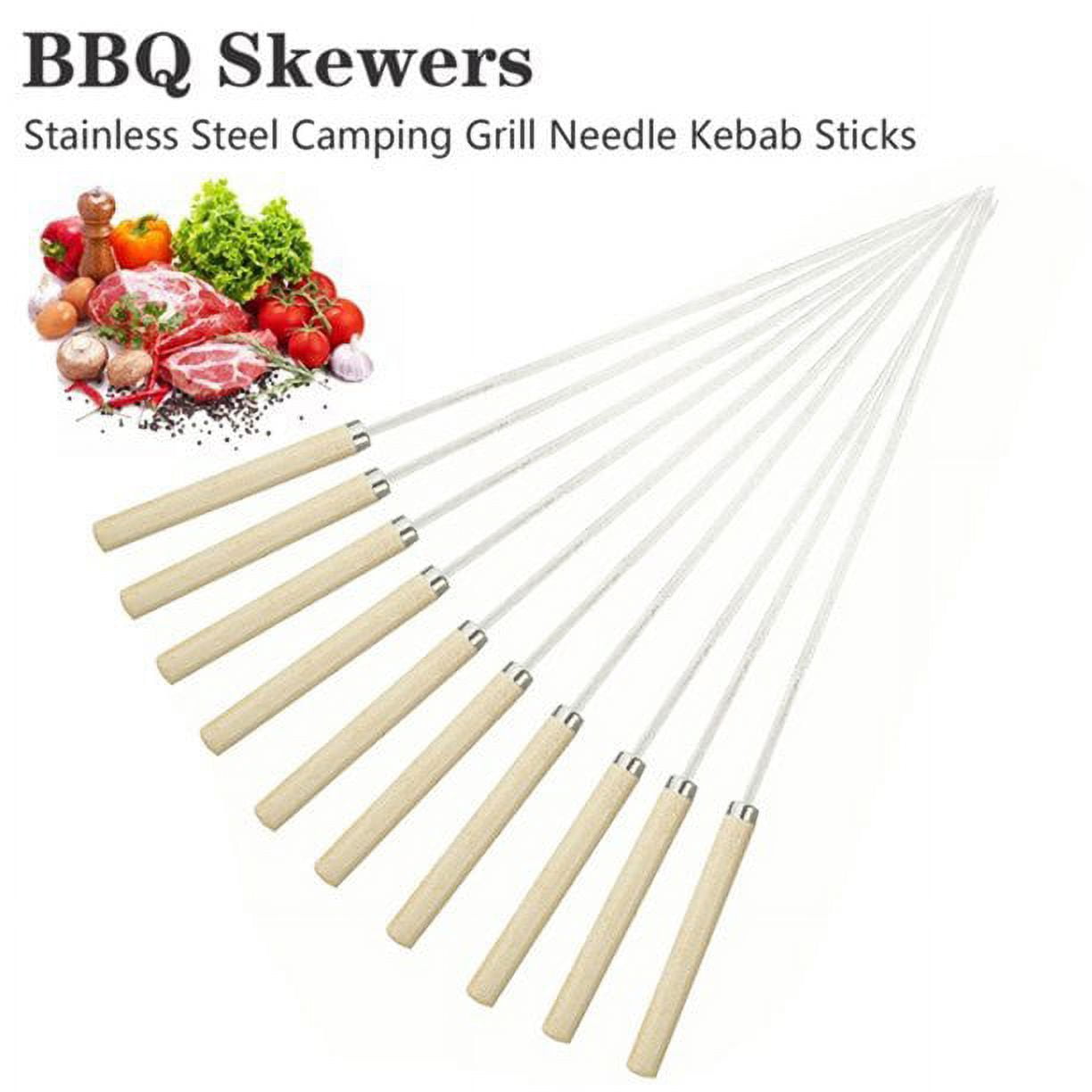 10pcs Reusable Stainless Steel Metal BBQ Skewers With Wooden Handle ...