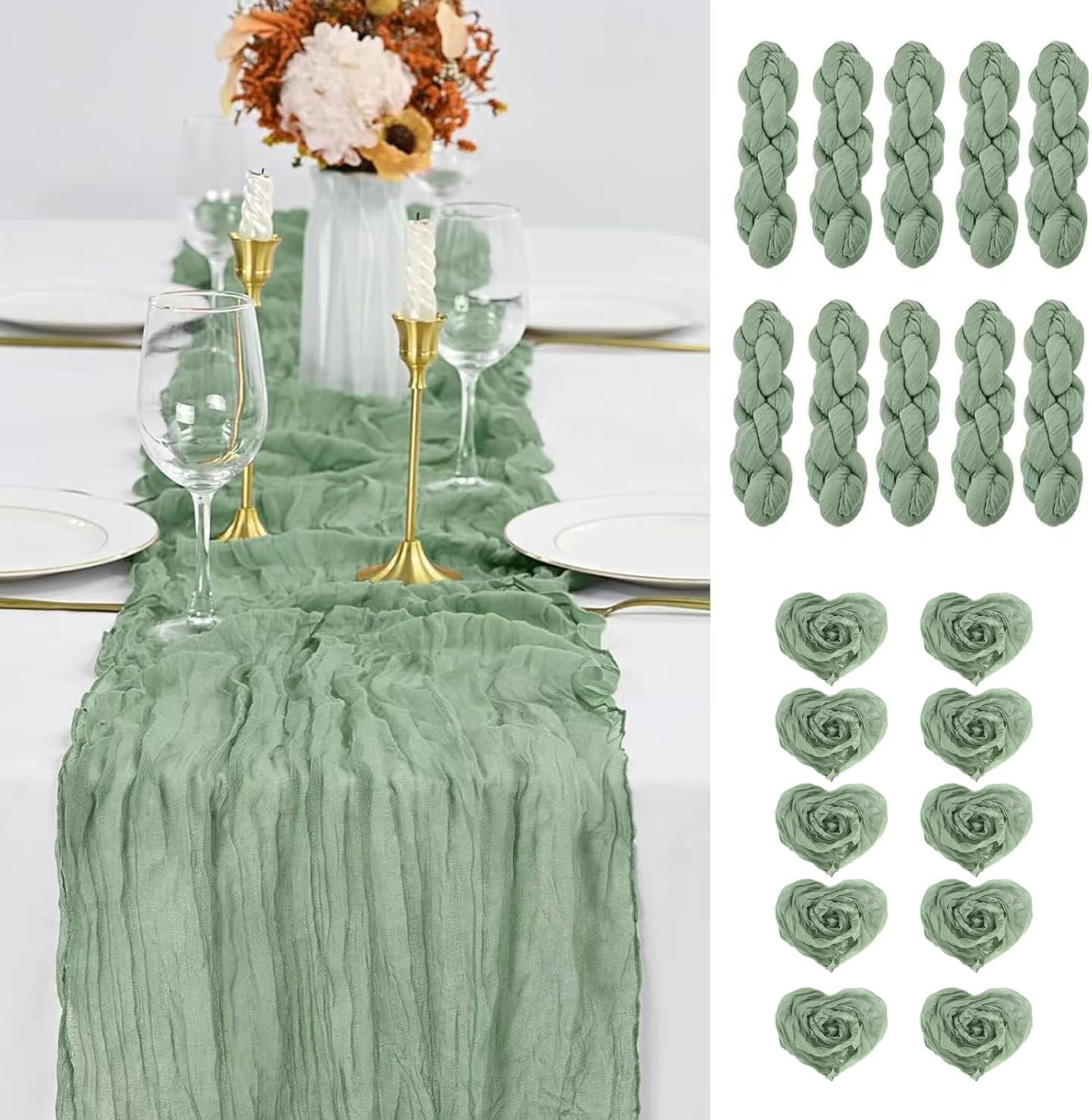 10pcs Sage Green Cheesecloth Table Runner 10ft Bohemian Gauze ...