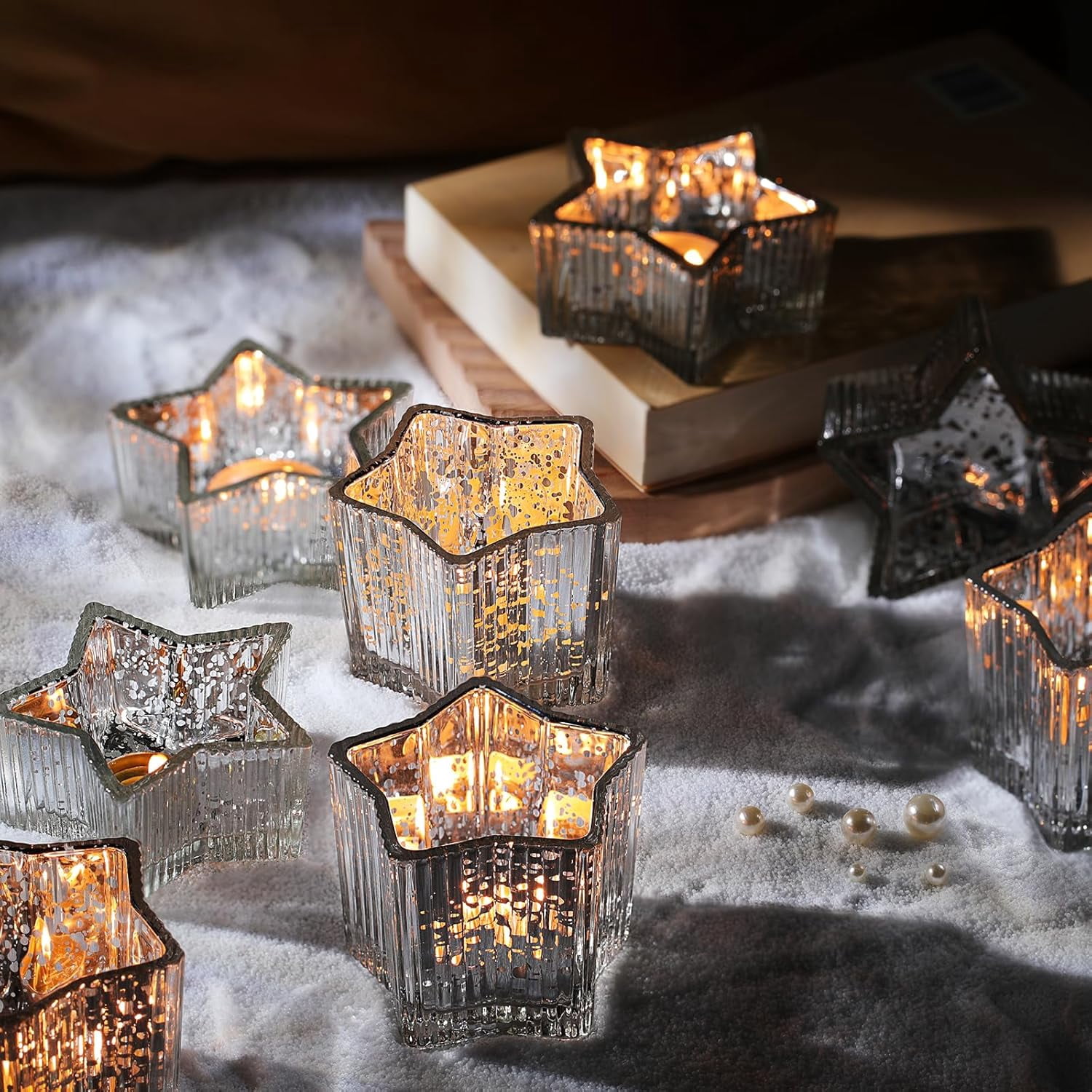 10pcs Silver Ribbed Star Candle Cups - Assorted Height Tea Light ...
