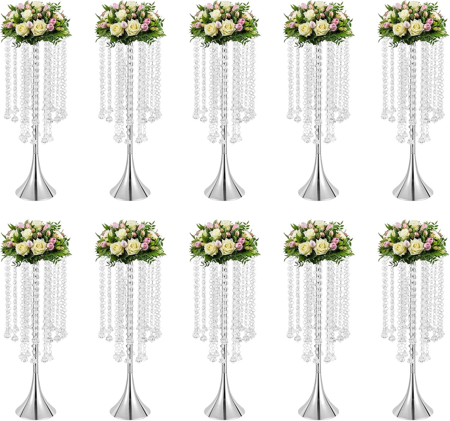 10pcs Silver Vases Wedding Centerpieces, 21.9'' Tall Crystal Metal Vase ...
