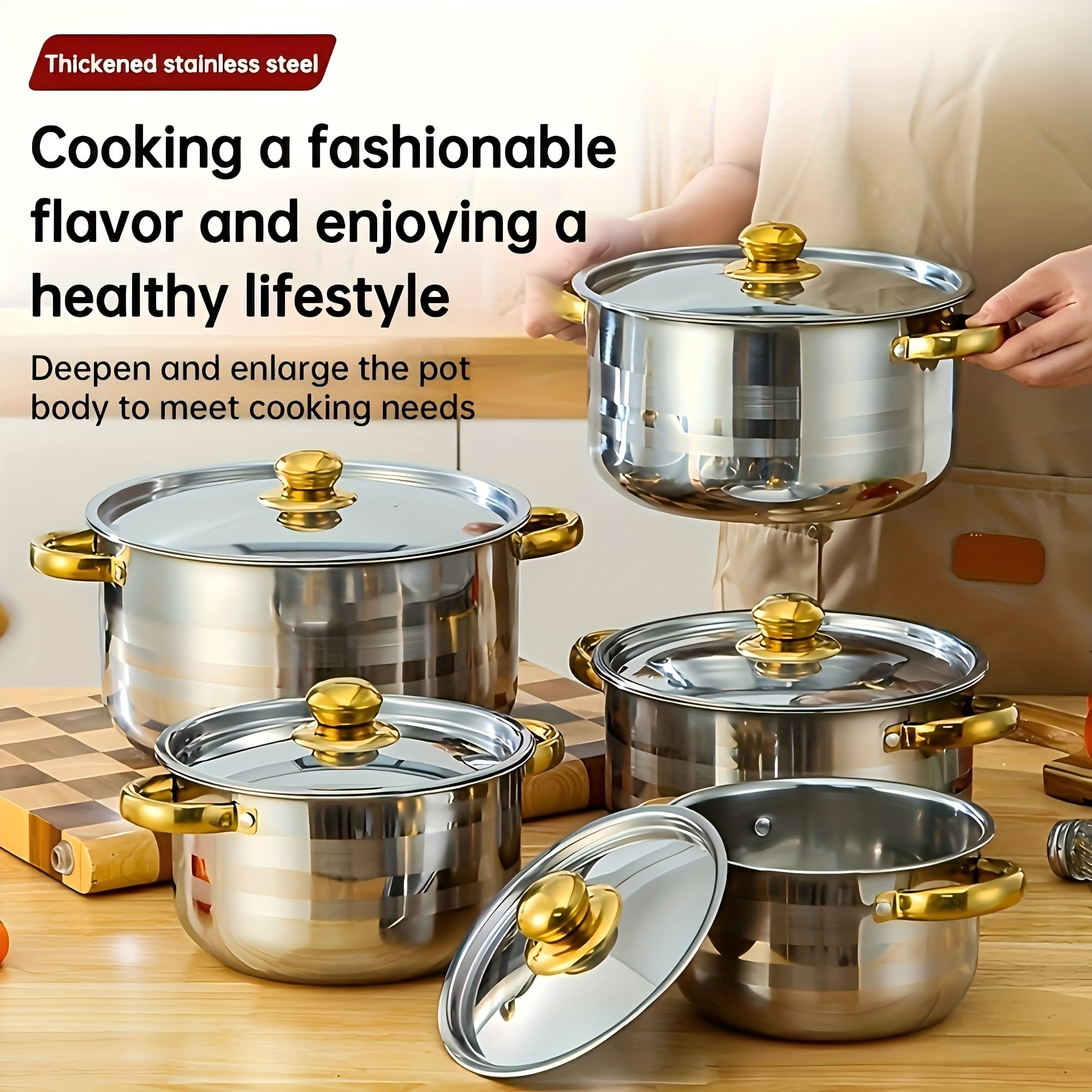 10pcs Stainless Steel Pot Set - 5 Pots + 5 Lids (Including Deep Stock ...