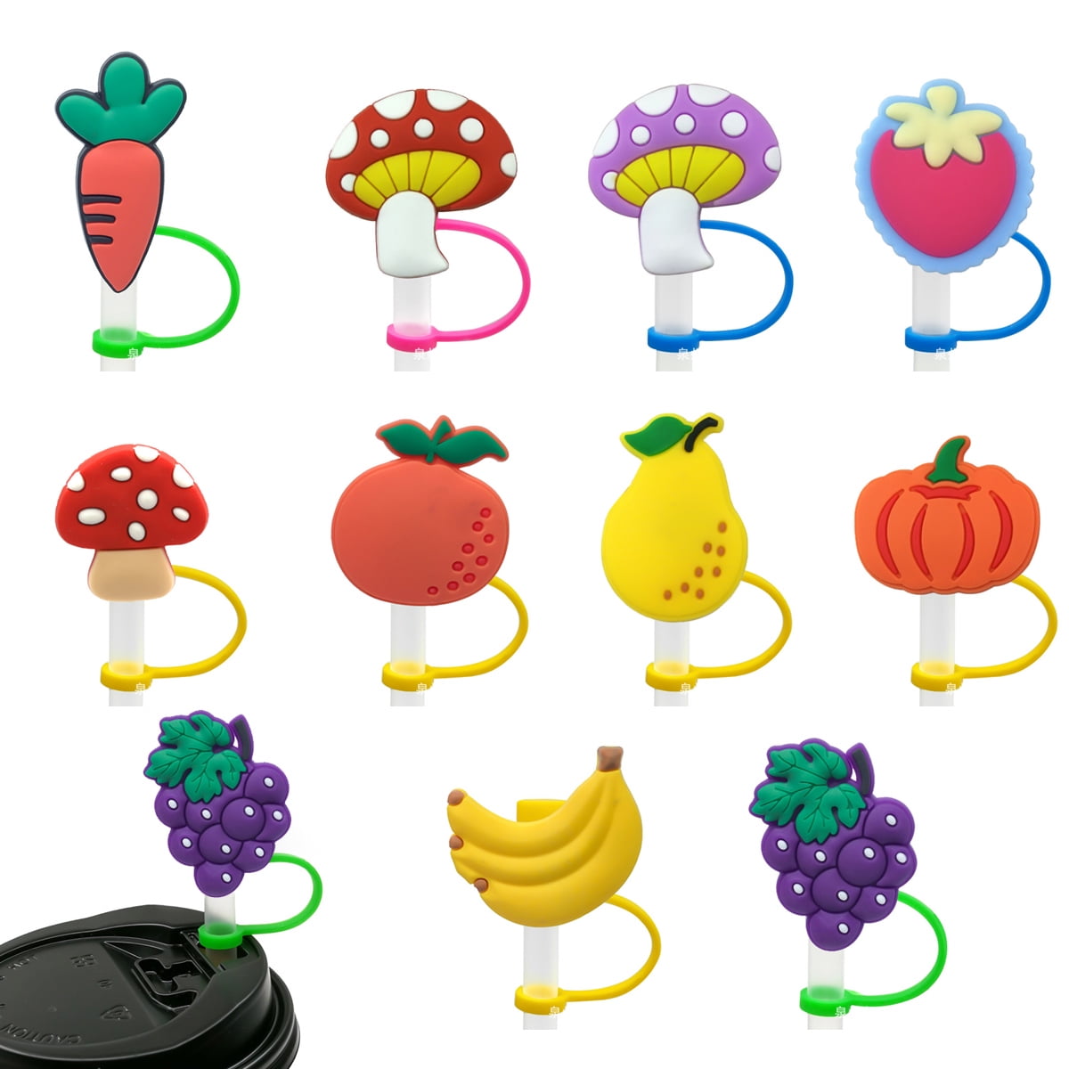 10pcs Straw Covers Silicone Fruit Plant Shape Straw Cover Cap Kit, 8mm Drinking Dust Plugs Set ...