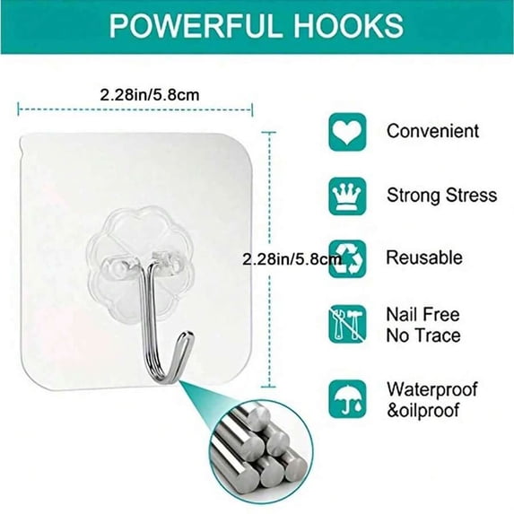 10pcs Transparent Adhesive Heavy Duty Wall Hooks - Reusable Waterproof ...