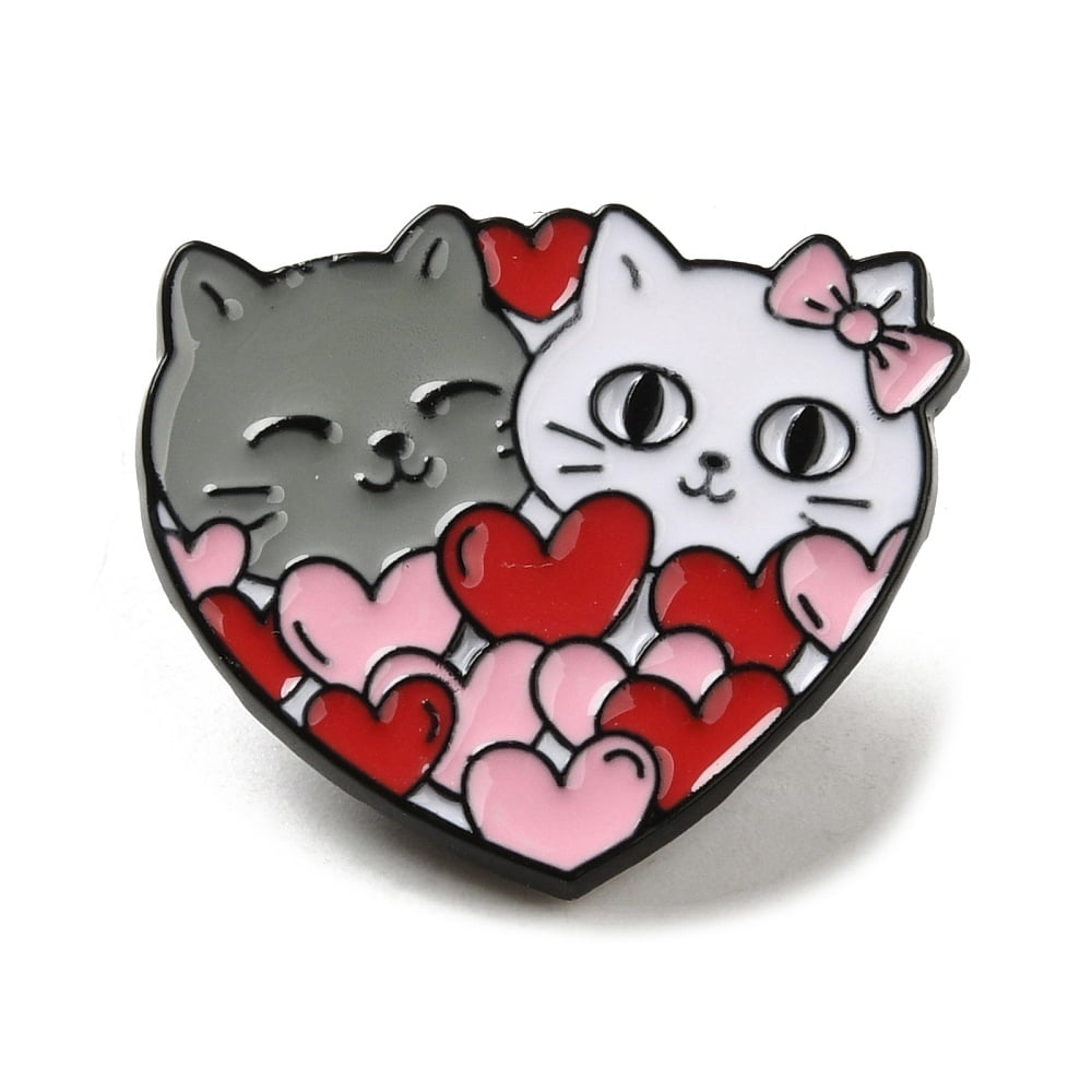 10pcs Valentine's Day Theme Black Zinc Alloy Brooches Cat & Heart ...