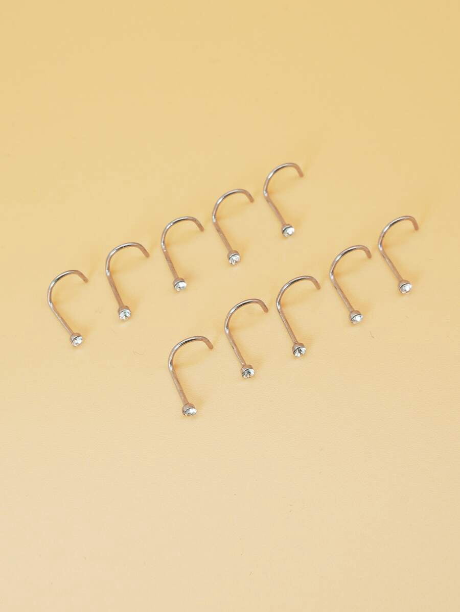 10pcs White Rhinestone Nose Studs Stainless Steel Piercing Jewelry For ...