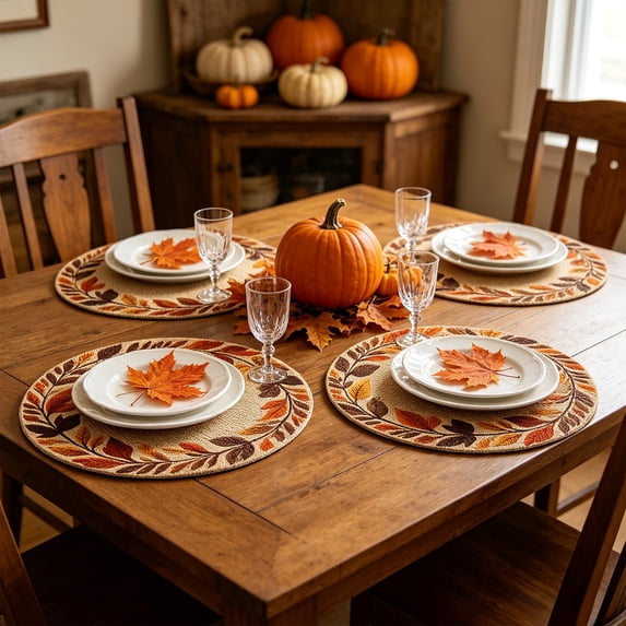 10pcs Woven Fall Leaf & Branch Patterned Round Placemat Set, Heat-Proof ...