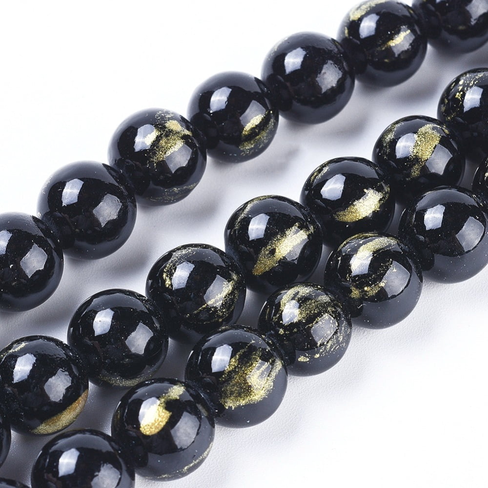 10strands Mashan Beads Strands with golden Foil Dyed Round Black 4mm ...