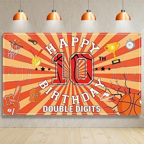 10th Birthday Backdrop Basketball Theme Party Banner, Happy 10th ...