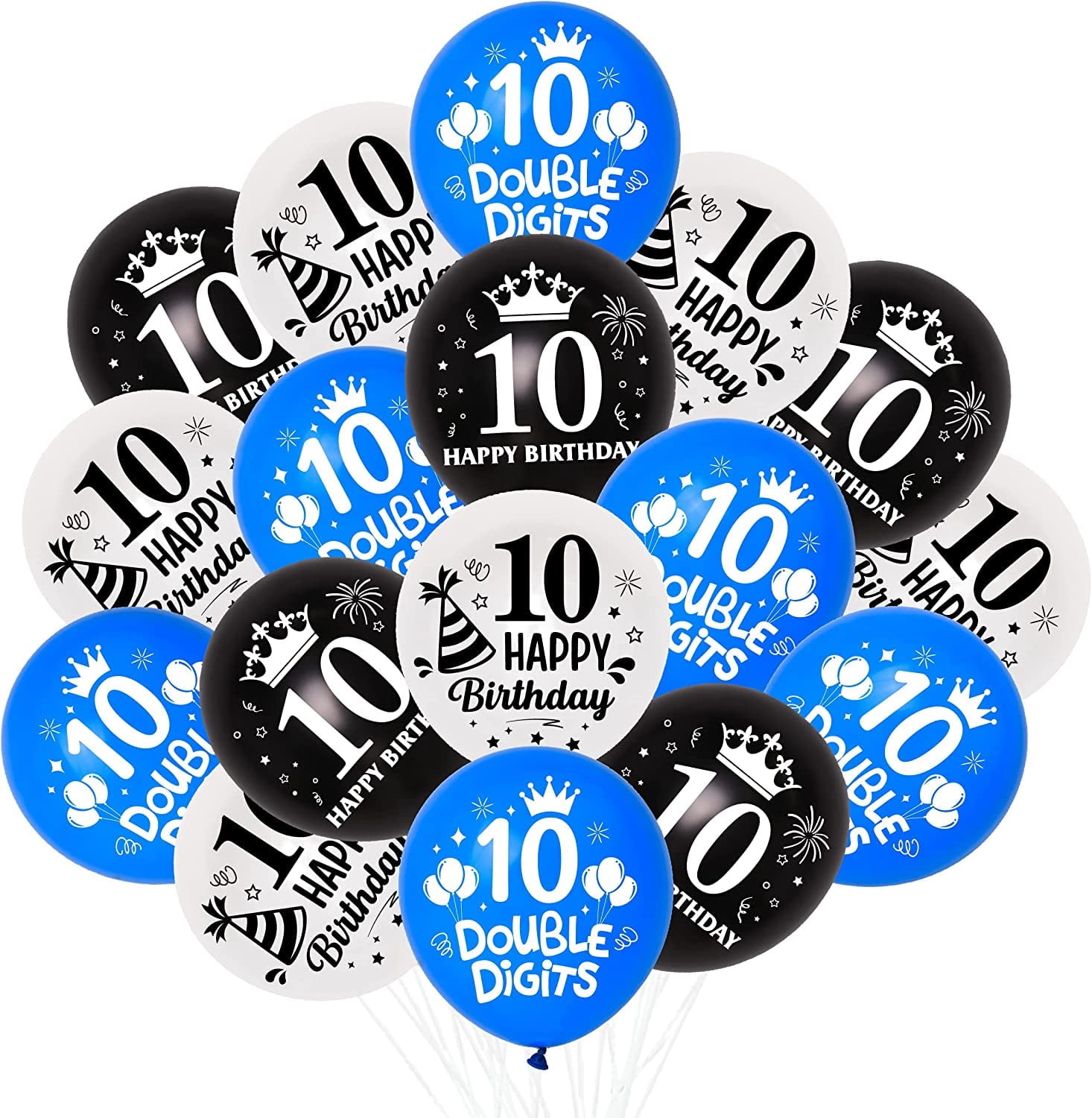 10th Birthday Decorations, 45-Pack Blue, Black, White Balloons for Boys ...