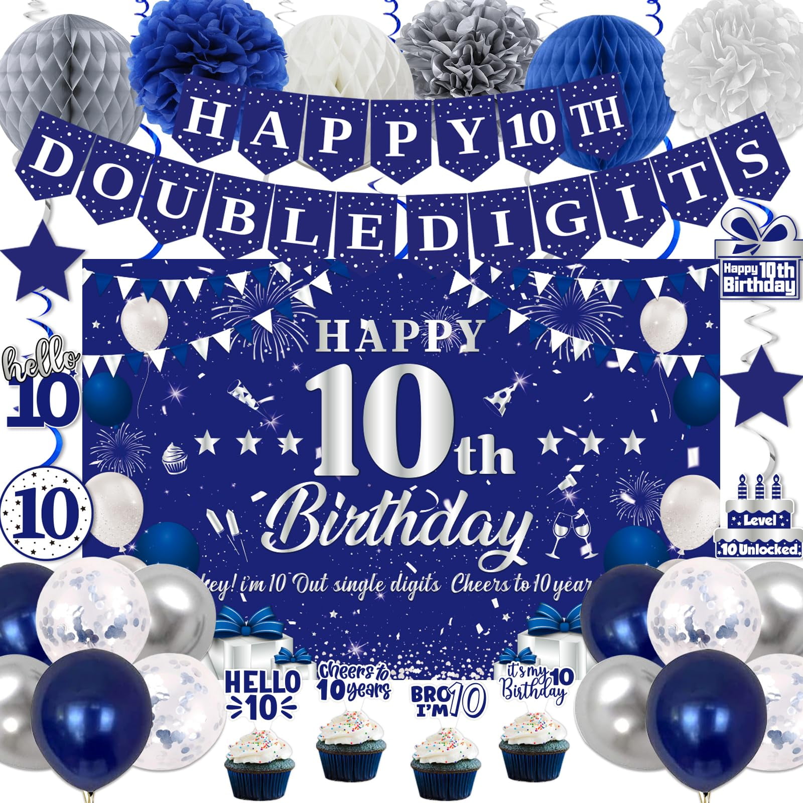10th Birthday Decorations for Boys Girls, Blue Silver 10th Double ...