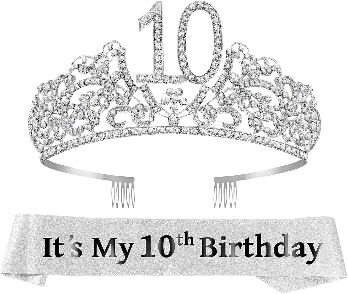 10th Birthday Sash and Tiara for Girls - Fabulous Glitter Sash + Flowers Rhinestone Silver ...