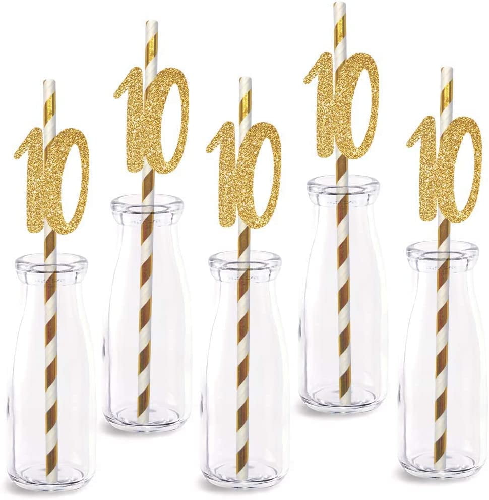 10th Birthday Paper Straw Decor, 12pcs Real Gold Glitter Cut-Out ...