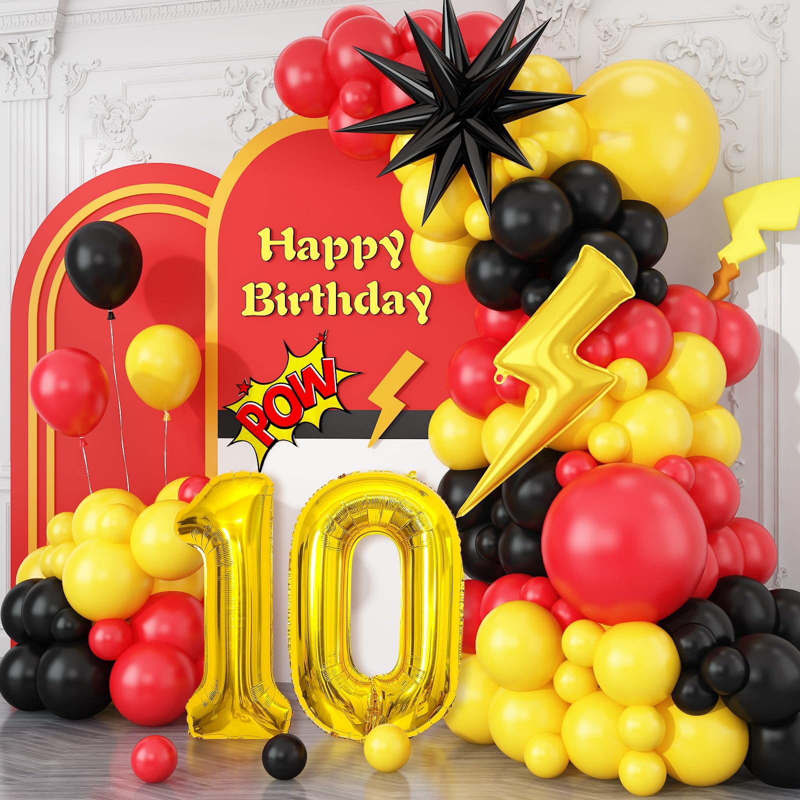 10th Birthday Red Black Yellow Balloons Arch Kit, 10th Cartoon Birthday ...