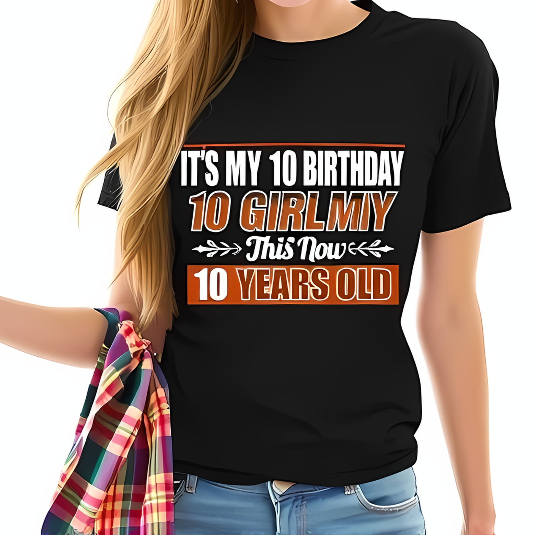 10th Birthday T-Shirt for Girls - Fun Black Tee with Bold Orange Text Celebrating Turning 10 ...