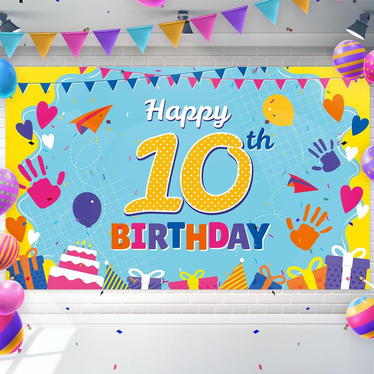 10th Happy Birthday Backdrop Banner Blue Happy Birthday Decorations ...