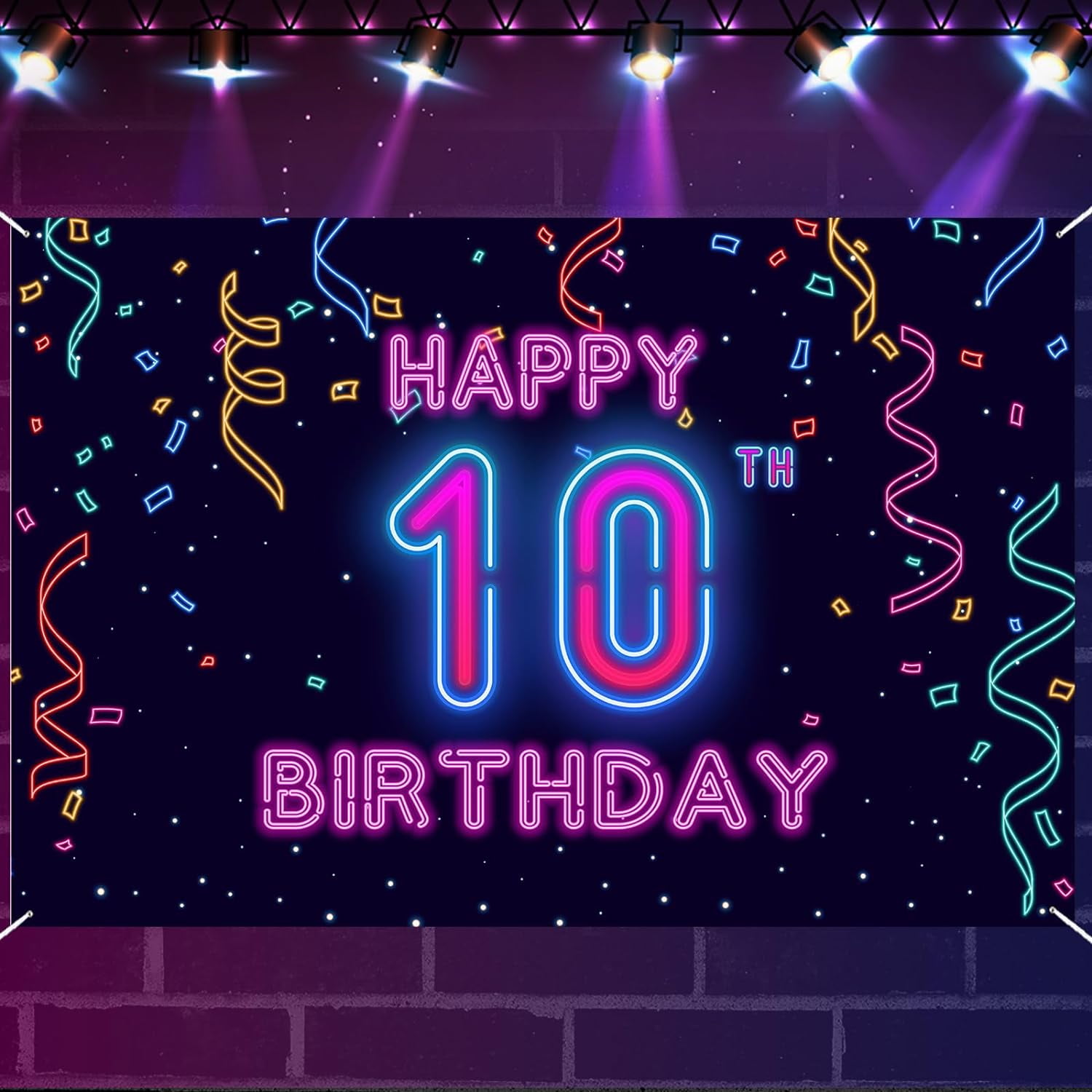 10th Neon Birthday Banner Backdrop, 10 Years Birthday Party Banner Let ...