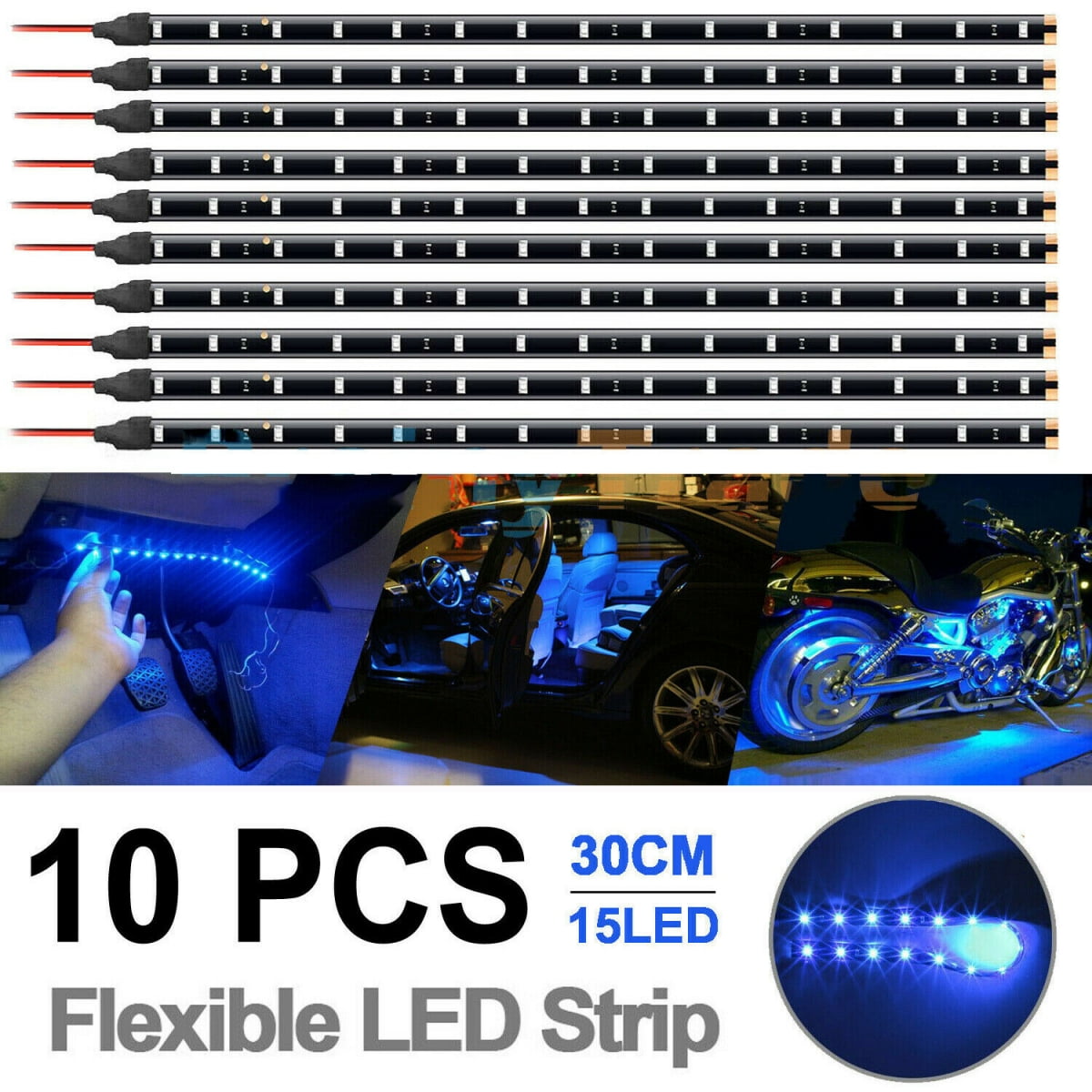 10x Blue LED Light Strips 12V DC Car/Truck//Motorcycle/Boat/Golf Cart ...