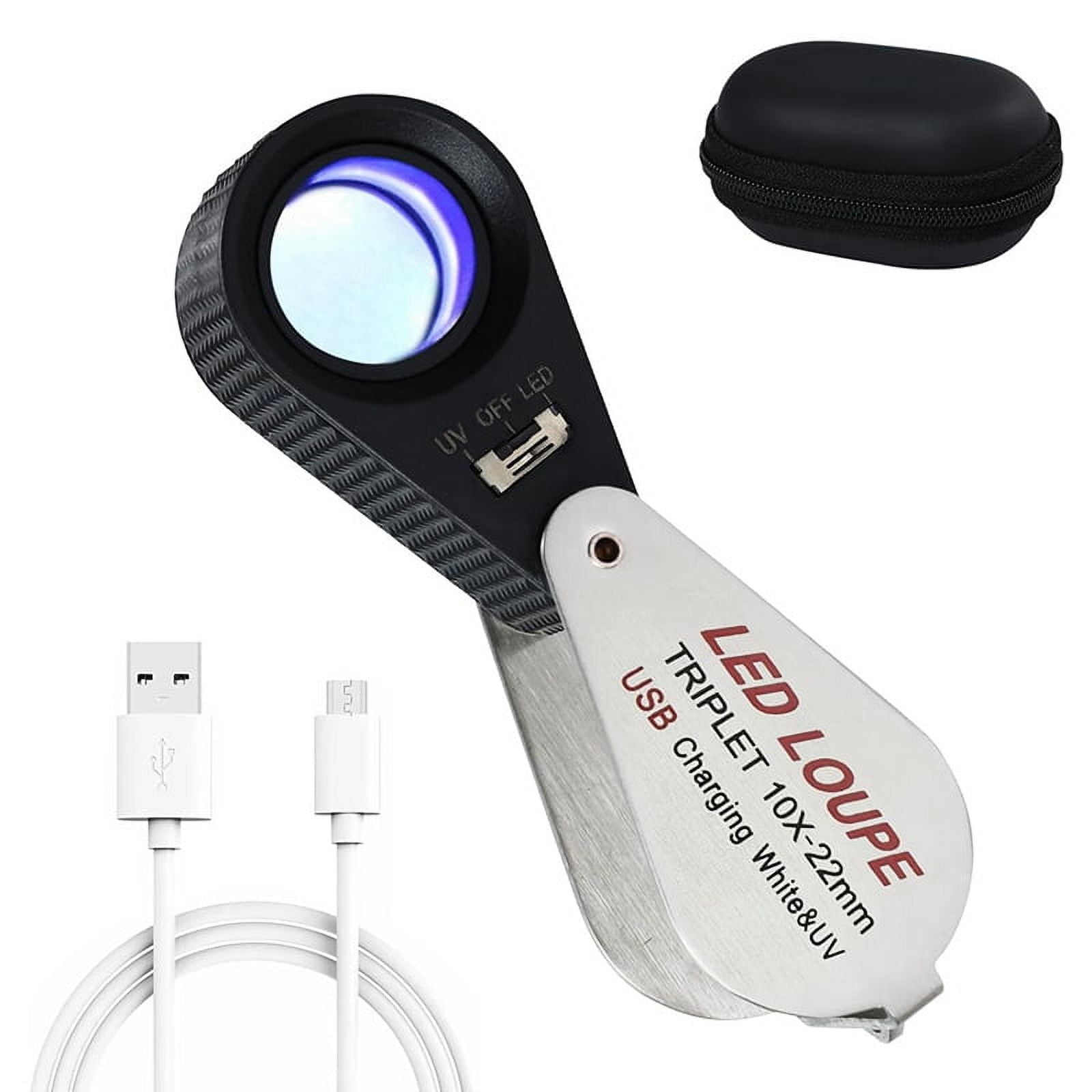 10x Jewelers Loupe with UV & LED Lights, Rechargeable Magnifier 22mm ...