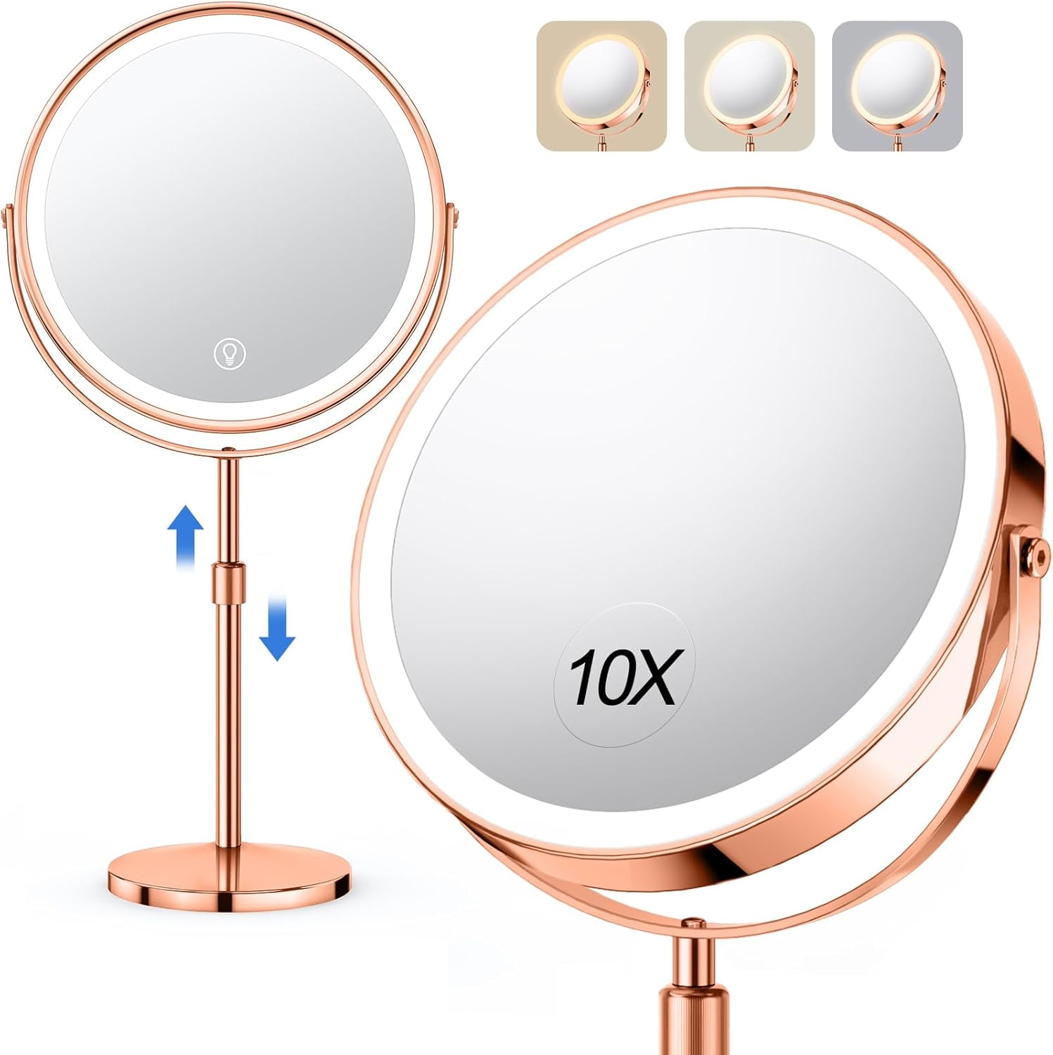 10x Large Lighted Makeup Mirror, Rechargeable 8" Height Adjustable ...