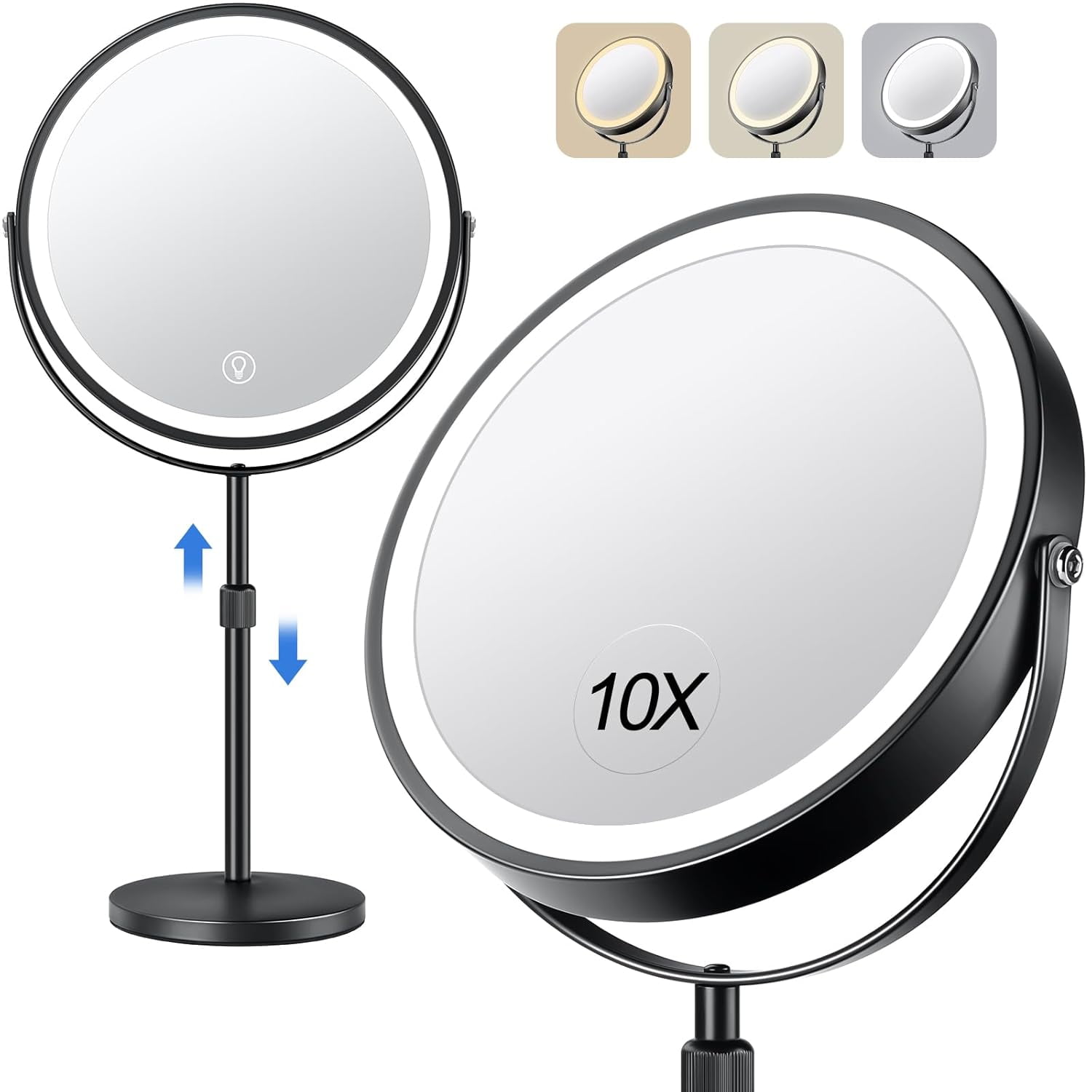 10x Large Lighted Makeup Mirror, Rechargeable 8" Height Adjustable Vanity Mirror, 1x/10x ...