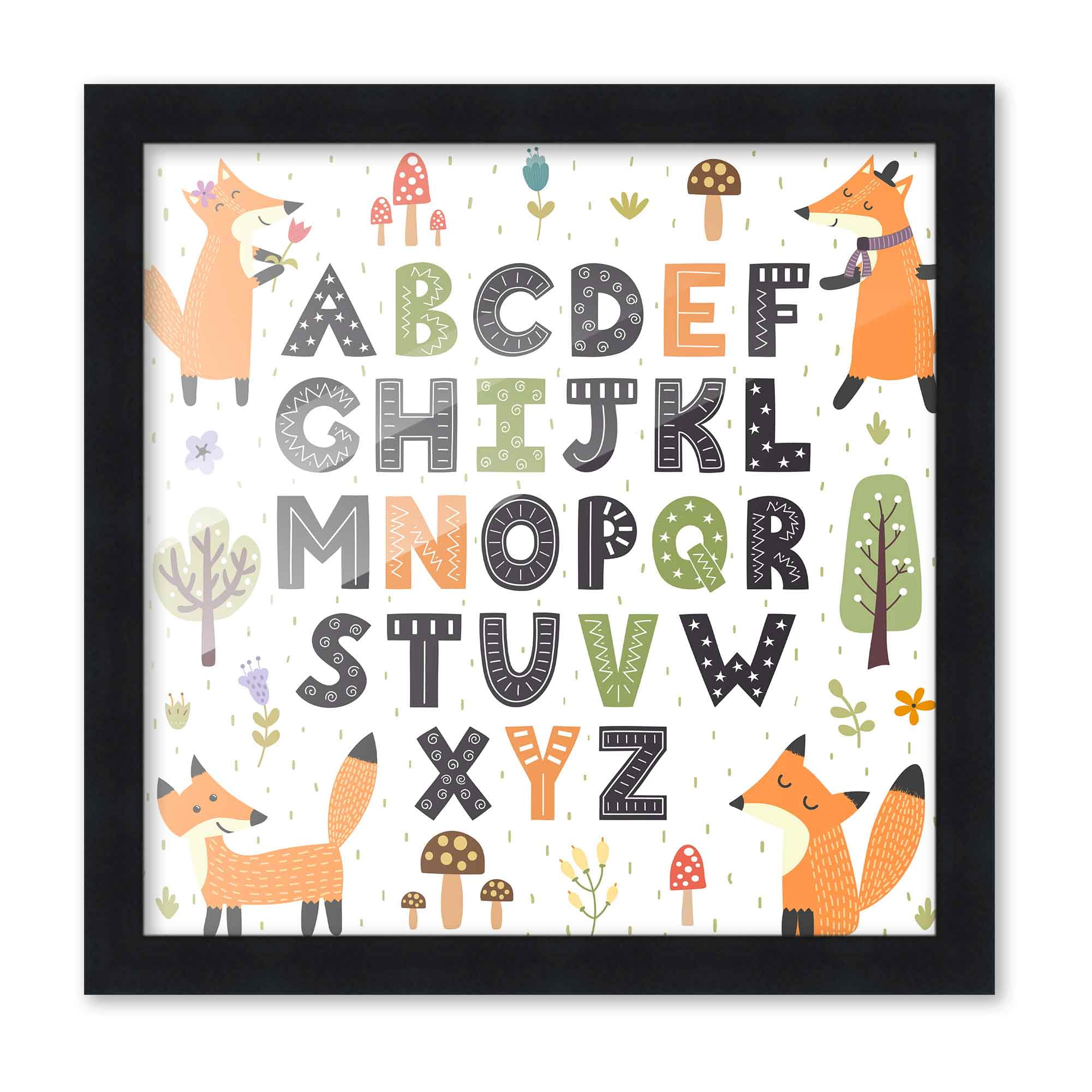 10x10 Framed Nursery Wall Art Hand Drawn Fox ABC Poster In Black Wood ...